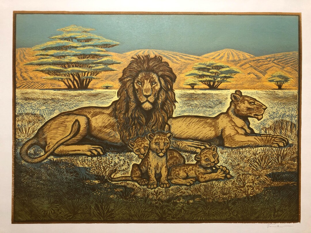African Lions, 1970-s, Color Linocut, Landscape by Gennadiy Polevoy ...