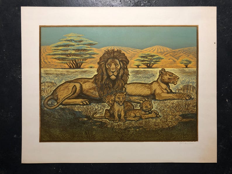African Lions, 1970-s, Color Linocut, Landscape by Gennadiy Polevoy ...