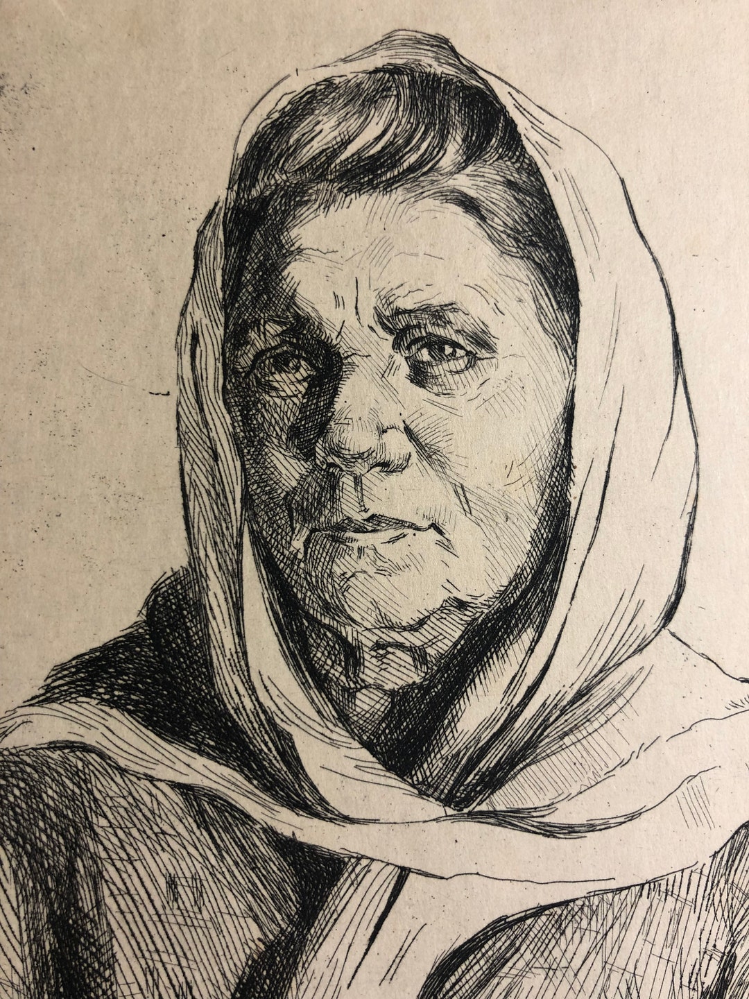 Grandmother in a Headscarf Etching With Portrait of an Elderly Woman ...