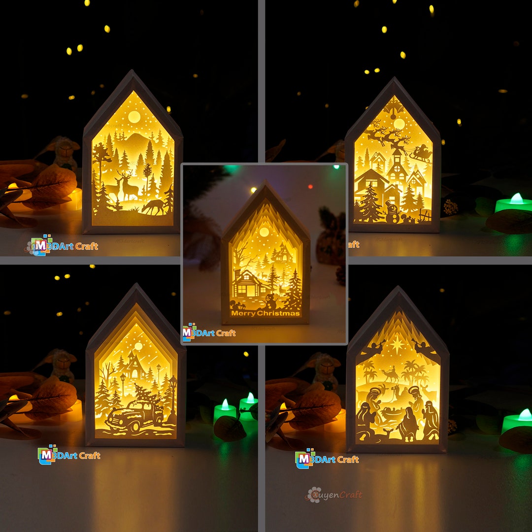 Pack 5 Merry Christmas Lanterns Shadow Box SVG Templates, Paper Lantern ...