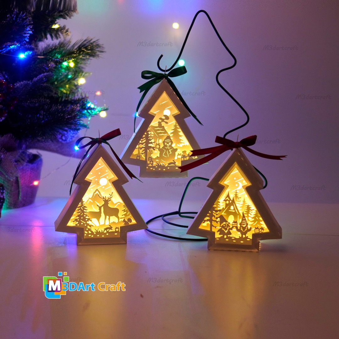 Pack 3 Merry Christmas Hanging Tree Lantern Shadow Box SVG Template ...