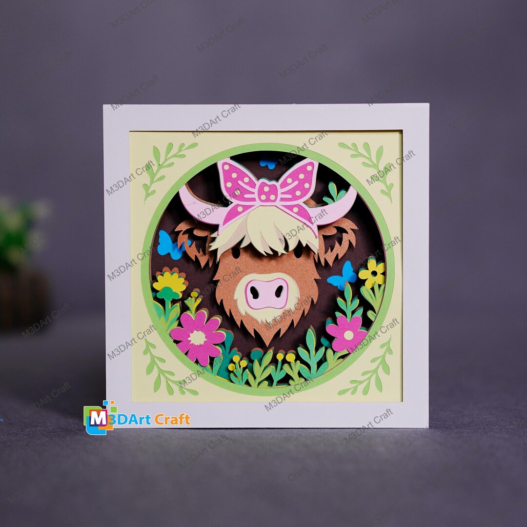3D Highland Cow Shadow Box SVG, PDF, Studio Template, Farm Shadow Box ...