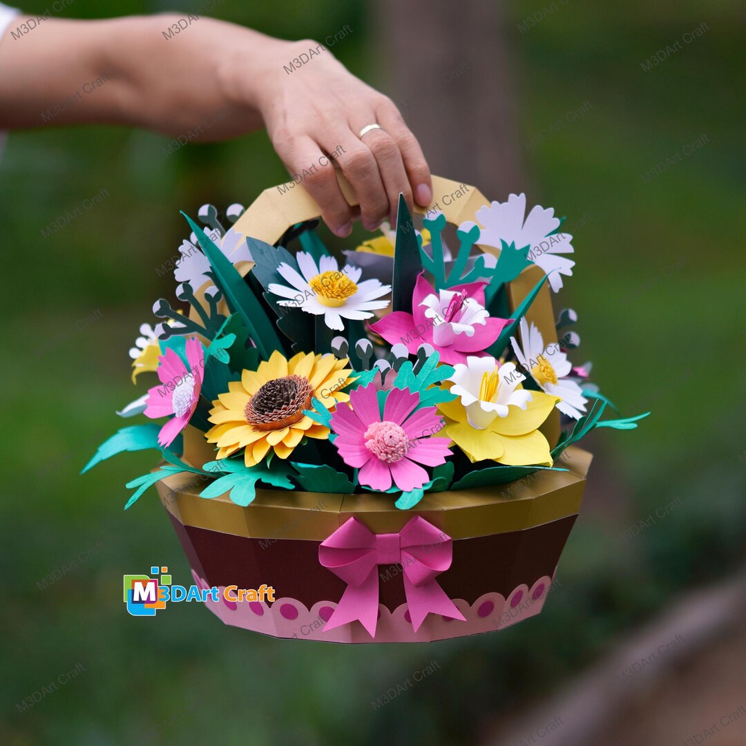 3D Flower Basket Papercraft SVG Template – Daisy Sunflower Daffodil ...