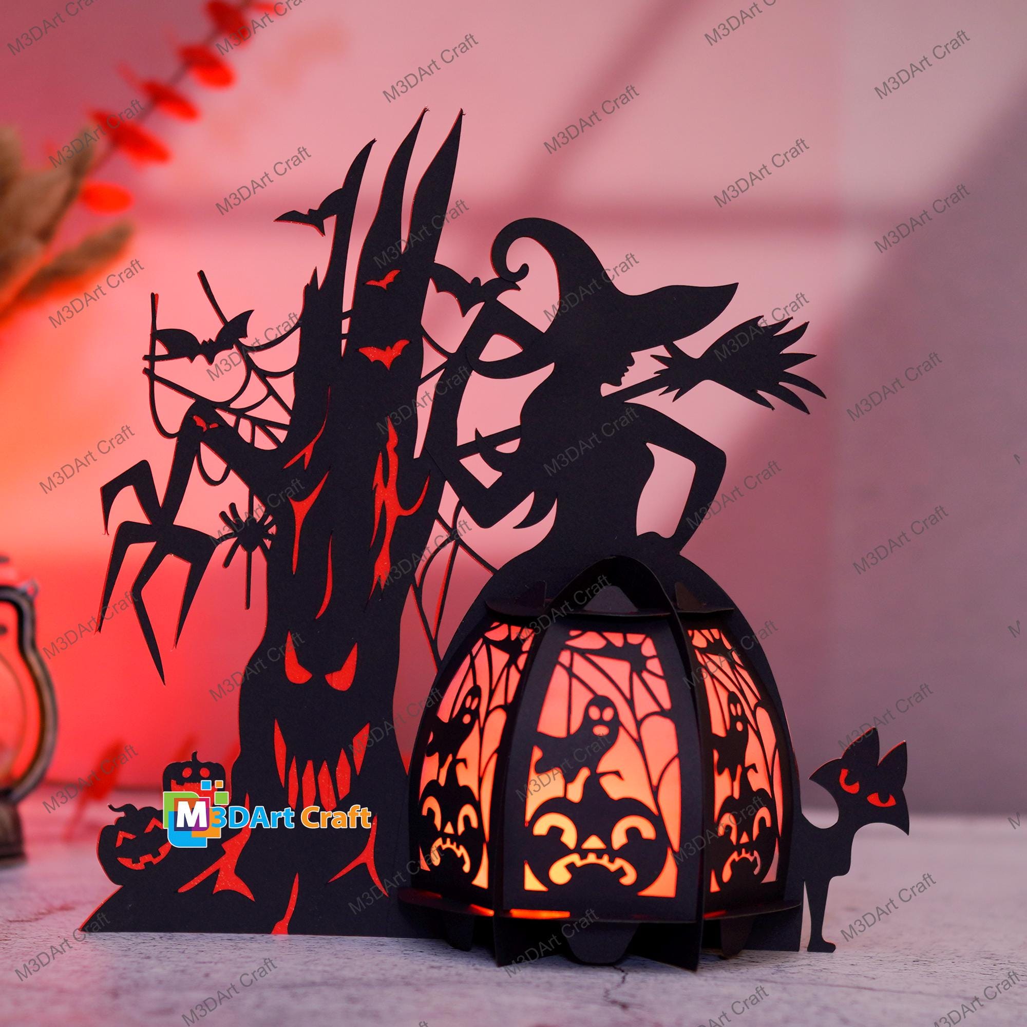 Set 3 Halloween Tree Witch Lantern SVG Templates for Cricut Project ...