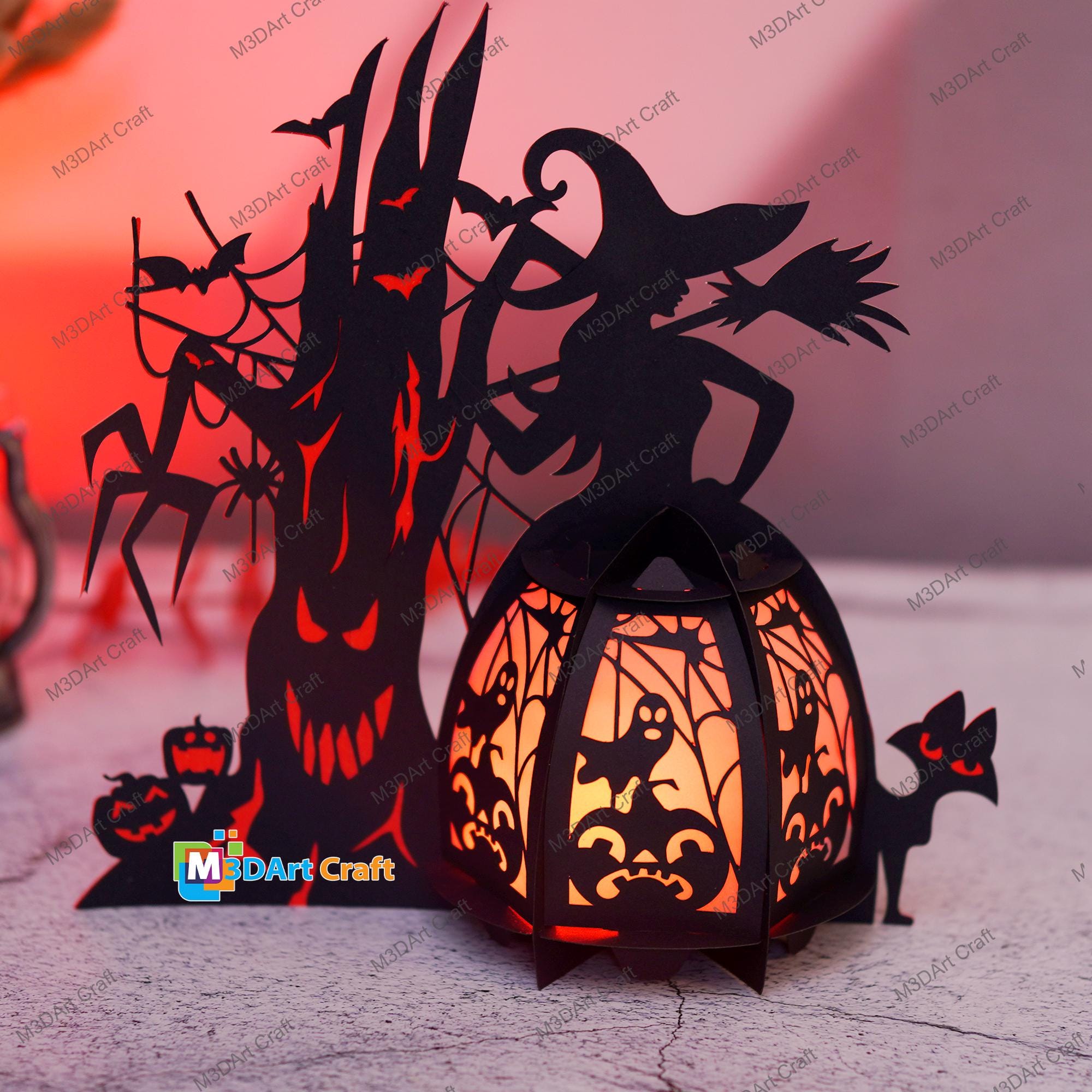 Set 3 Halloween Tree Witch Lantern SVG Templates for Cricut Project ...