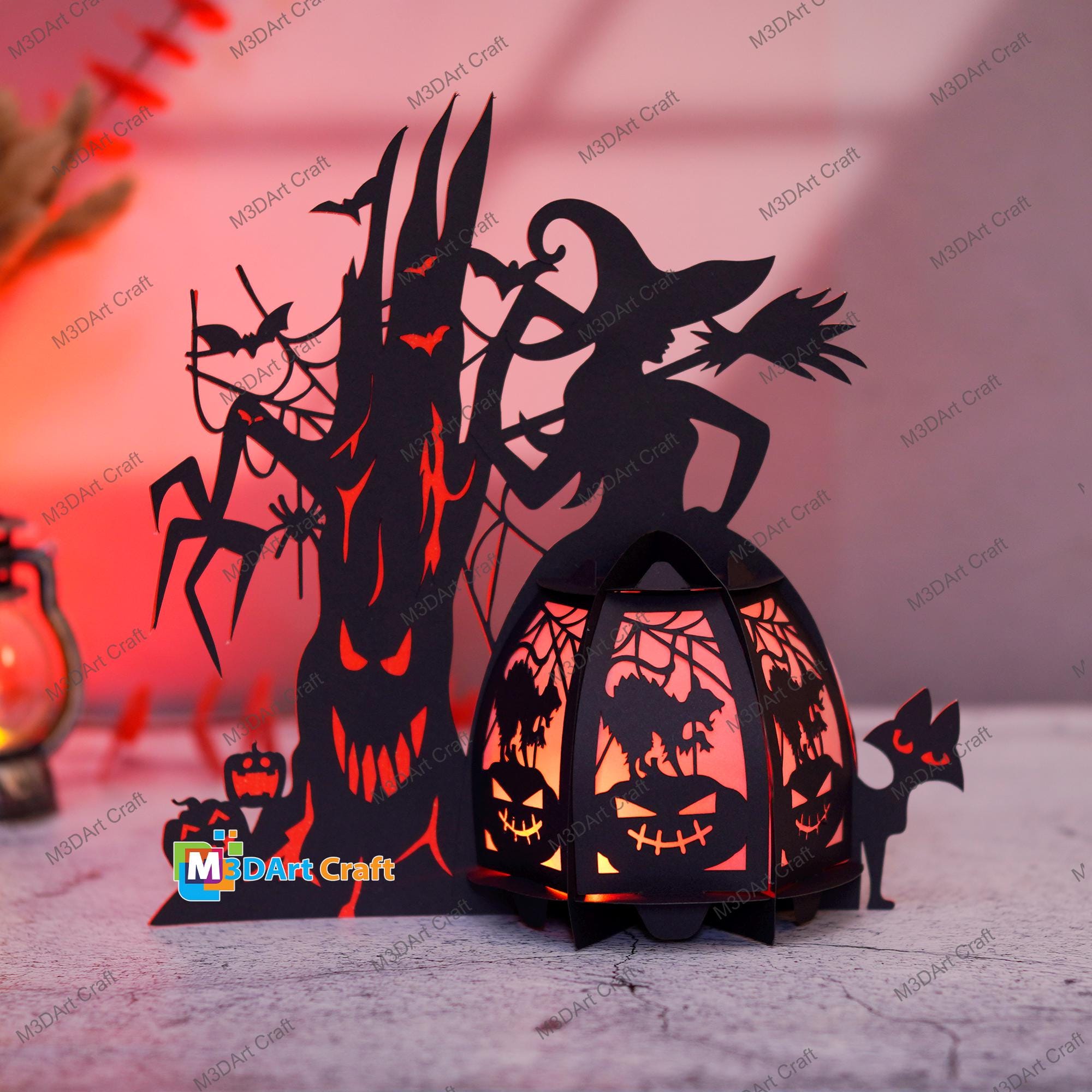 Set 3 Halloween Tree Witch Lantern SVG Templates for Cricut Project ...