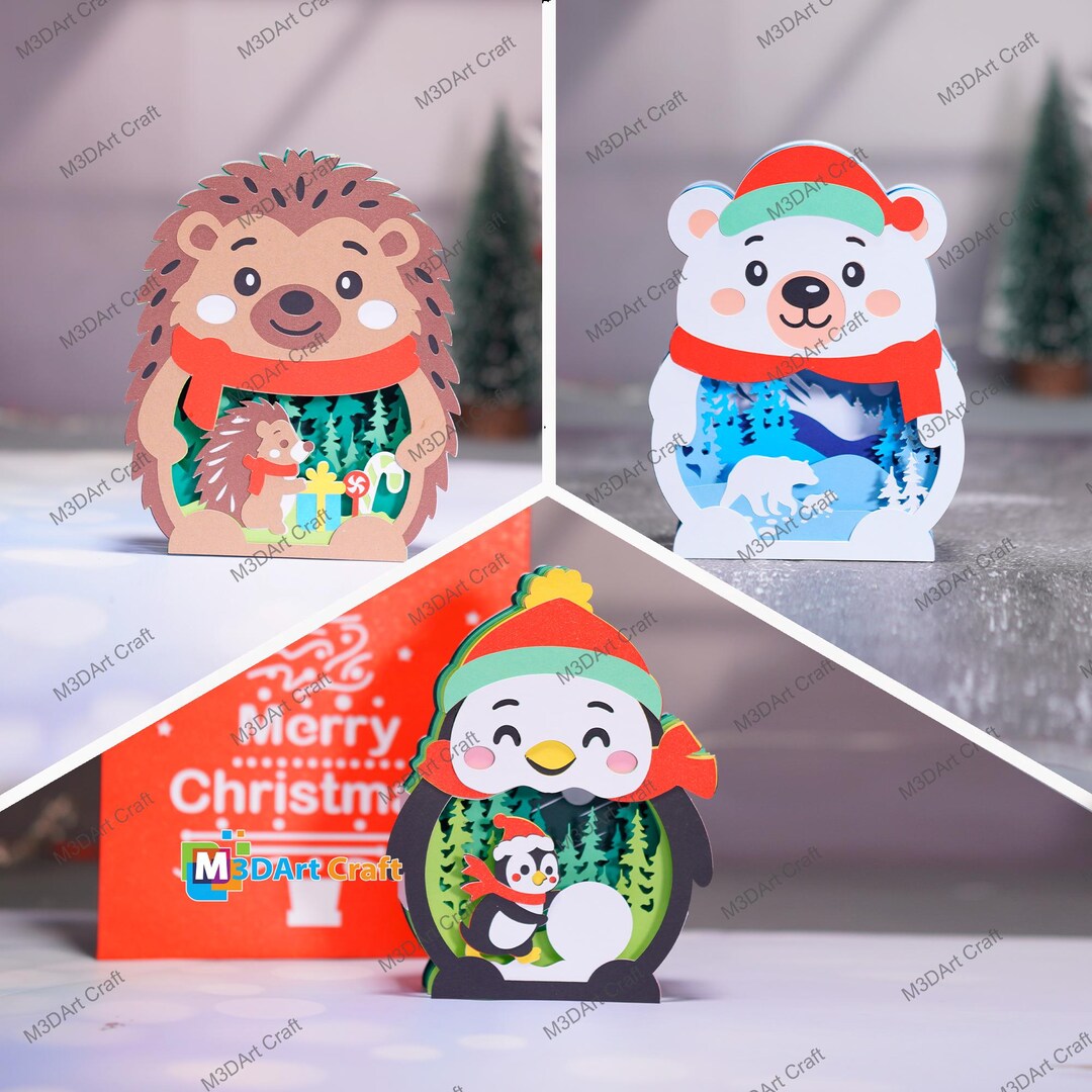 Set 3 Christmas 3D Pop-up Card Templates – Hedgehog, Penguin, Polar ...