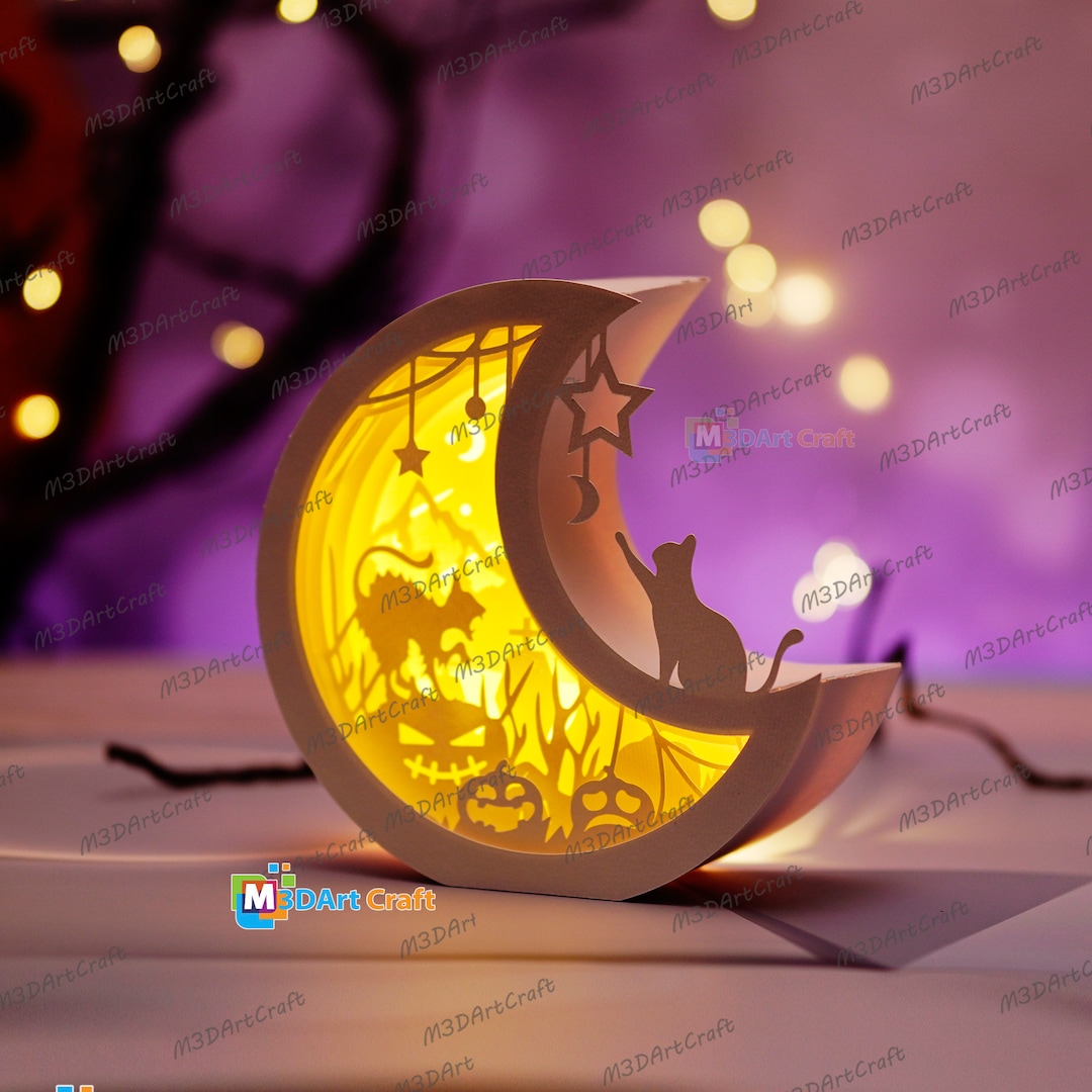 Cat on Moon Lantern Shadow Box SVG Template - Moon Halloween Lantern ...