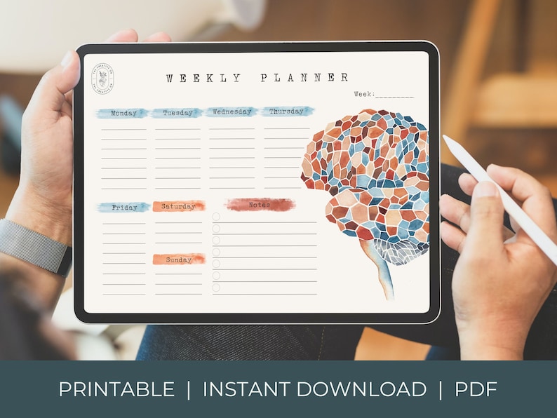 Weekly Planner Printable Landscape Brain Weekly Organizer Art Digital ...