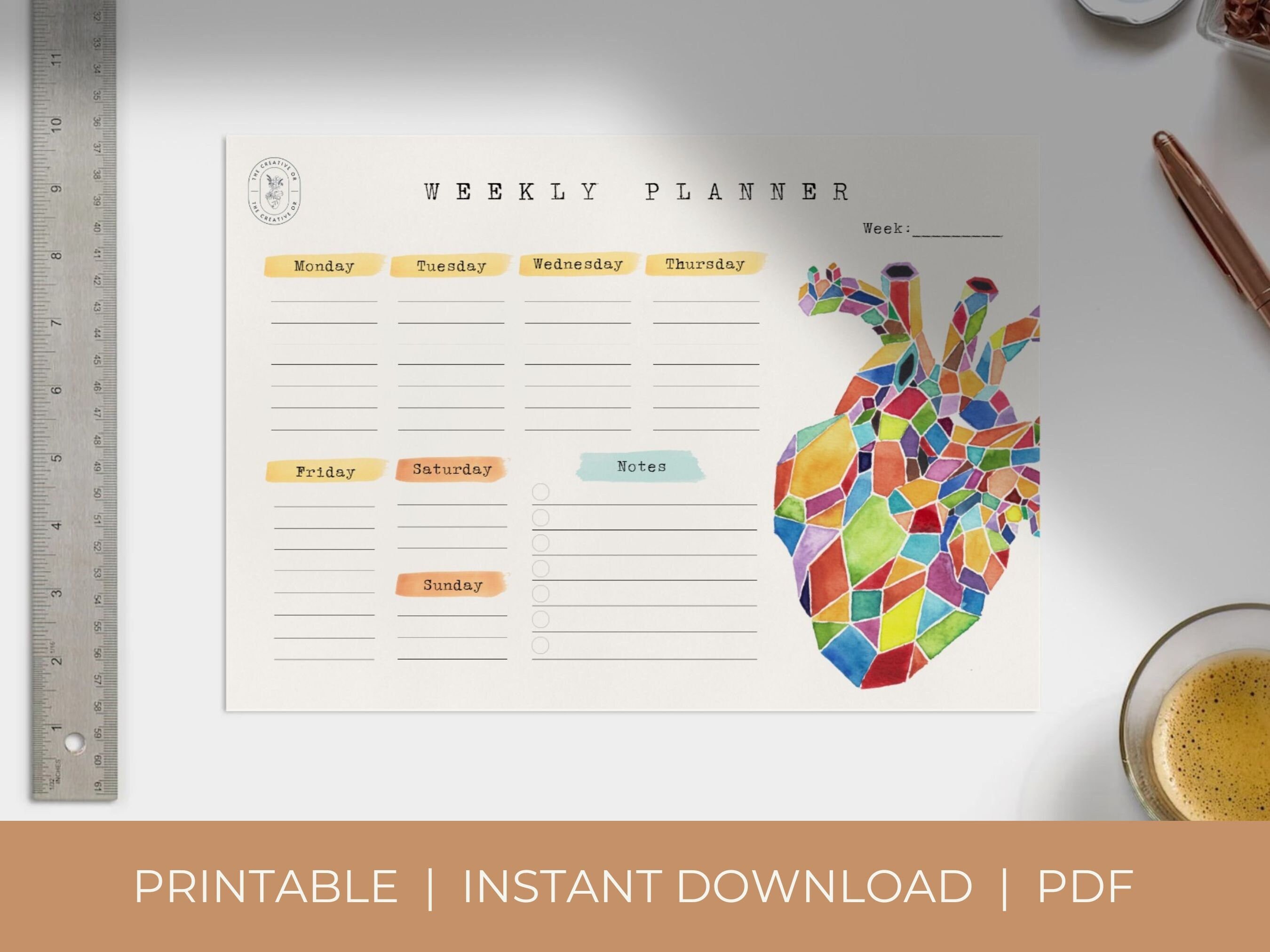 Weekly Planner Printable Landscape Heart Weekly Organizer Art Digital ...