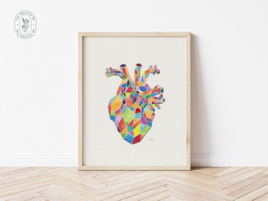 Mosaic Heart Watercolor Print Anatomy Art Heart Painting - Etsy
