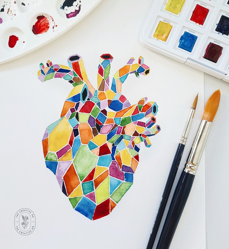 Mosaic Heart Watercolor Print, Anatomy Art, Heart Painting, Medical ...