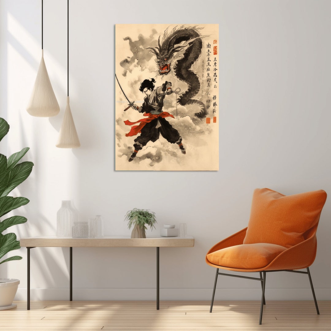 Saint Michael Fighting the Dragon Sumi-e Japanese Vintage Poster, Black ...