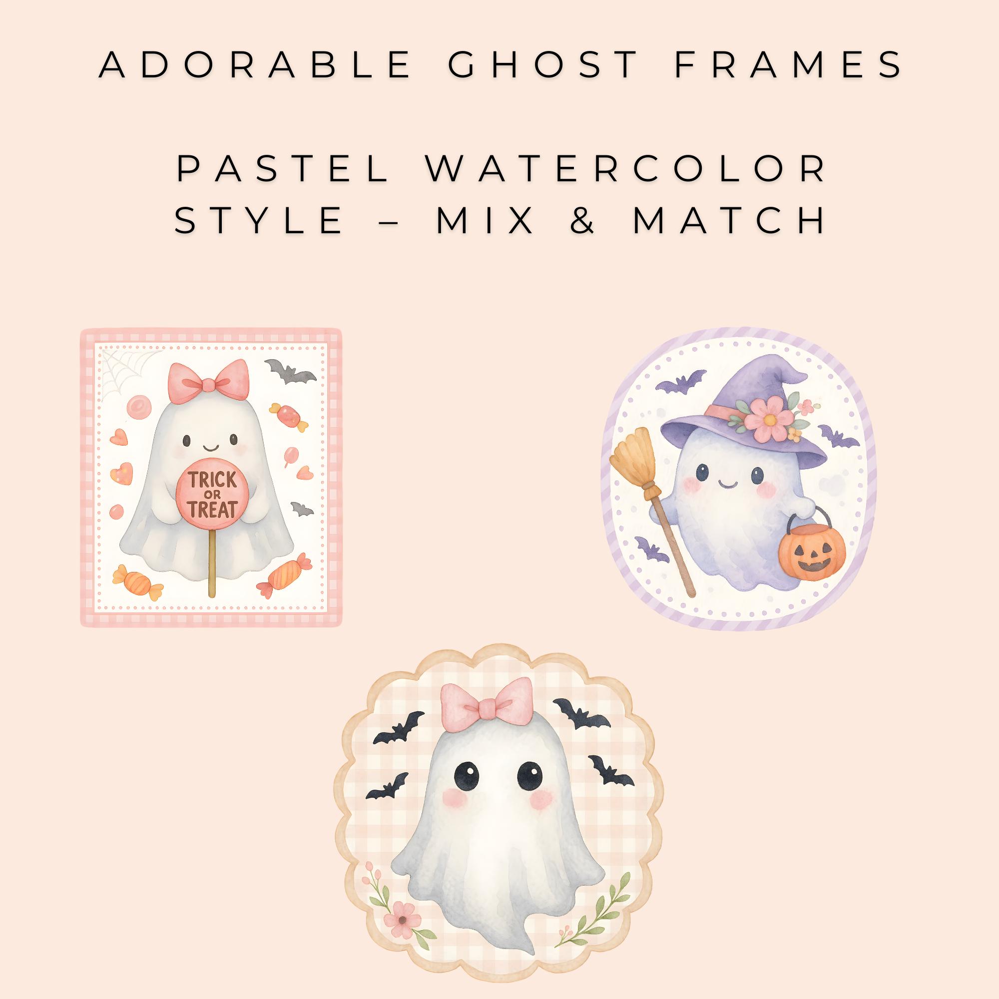 Cute Ghost Clipart Frames | Halloween PNG Bundle | Pastel Watercolour ...