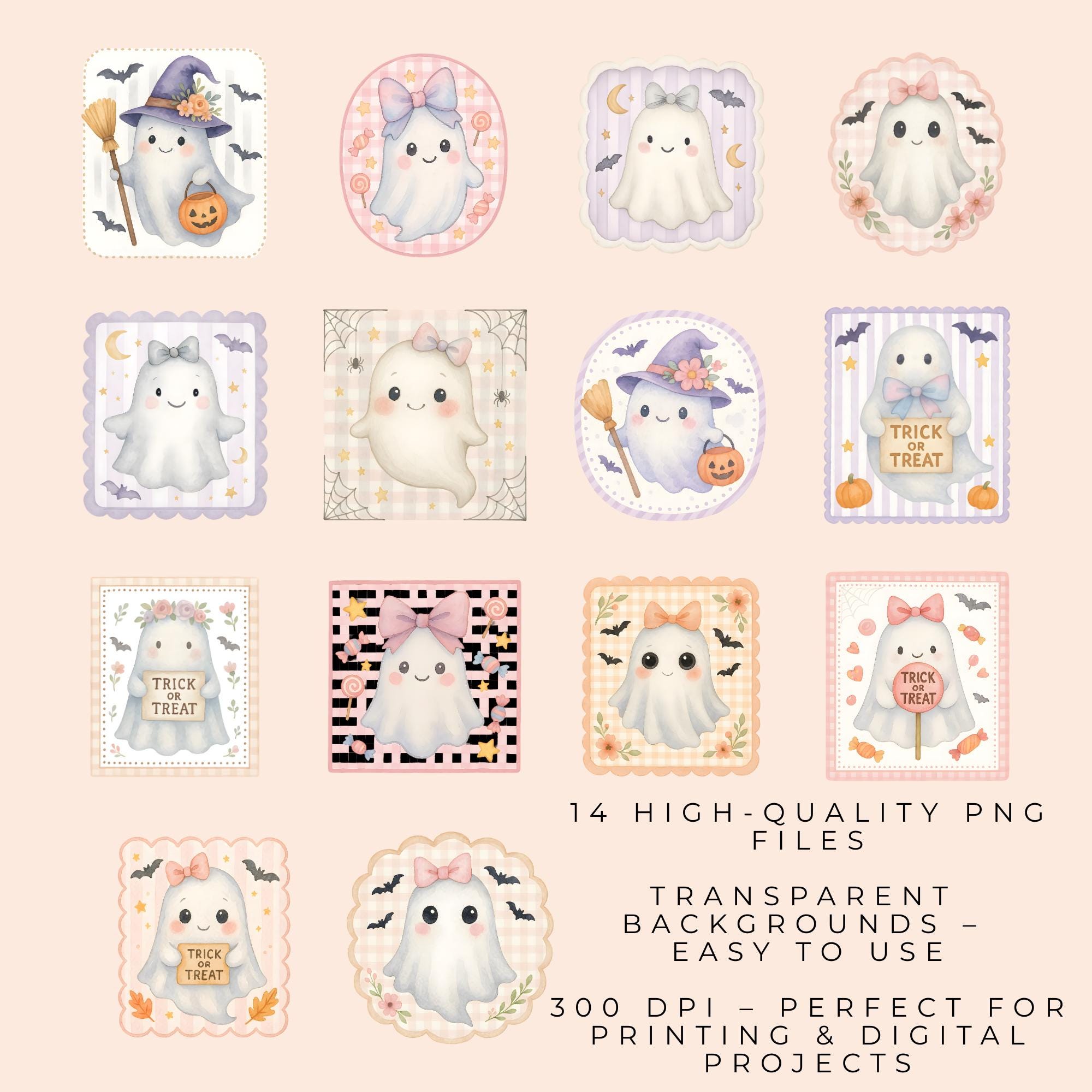 Cute Ghost Clipart Frames | Halloween PNG Bundle | Pastel Watercolour ...