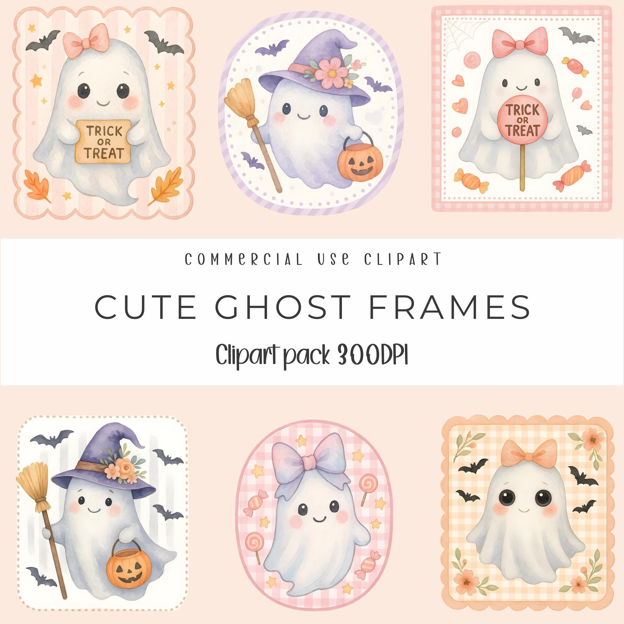 Cute Ghost Clipart Frames | Halloween PNG Bundle | Pastel Watercolour ...
