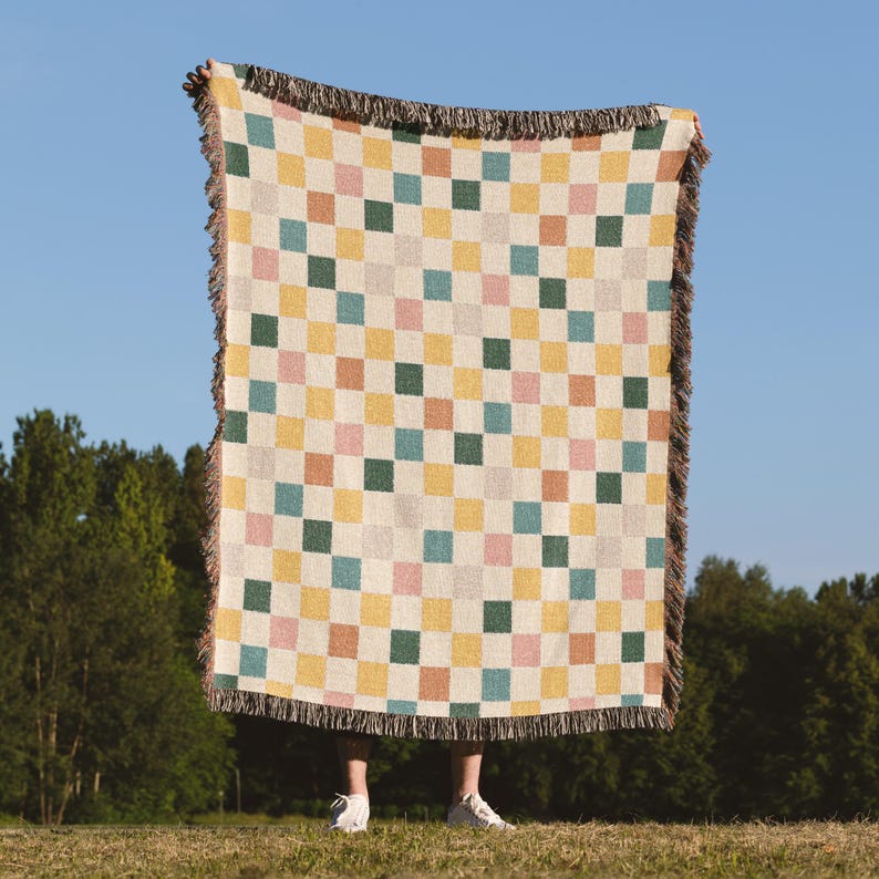 Checkered Woven Blanket | Retro Floral, Cotton Throw - Etsy