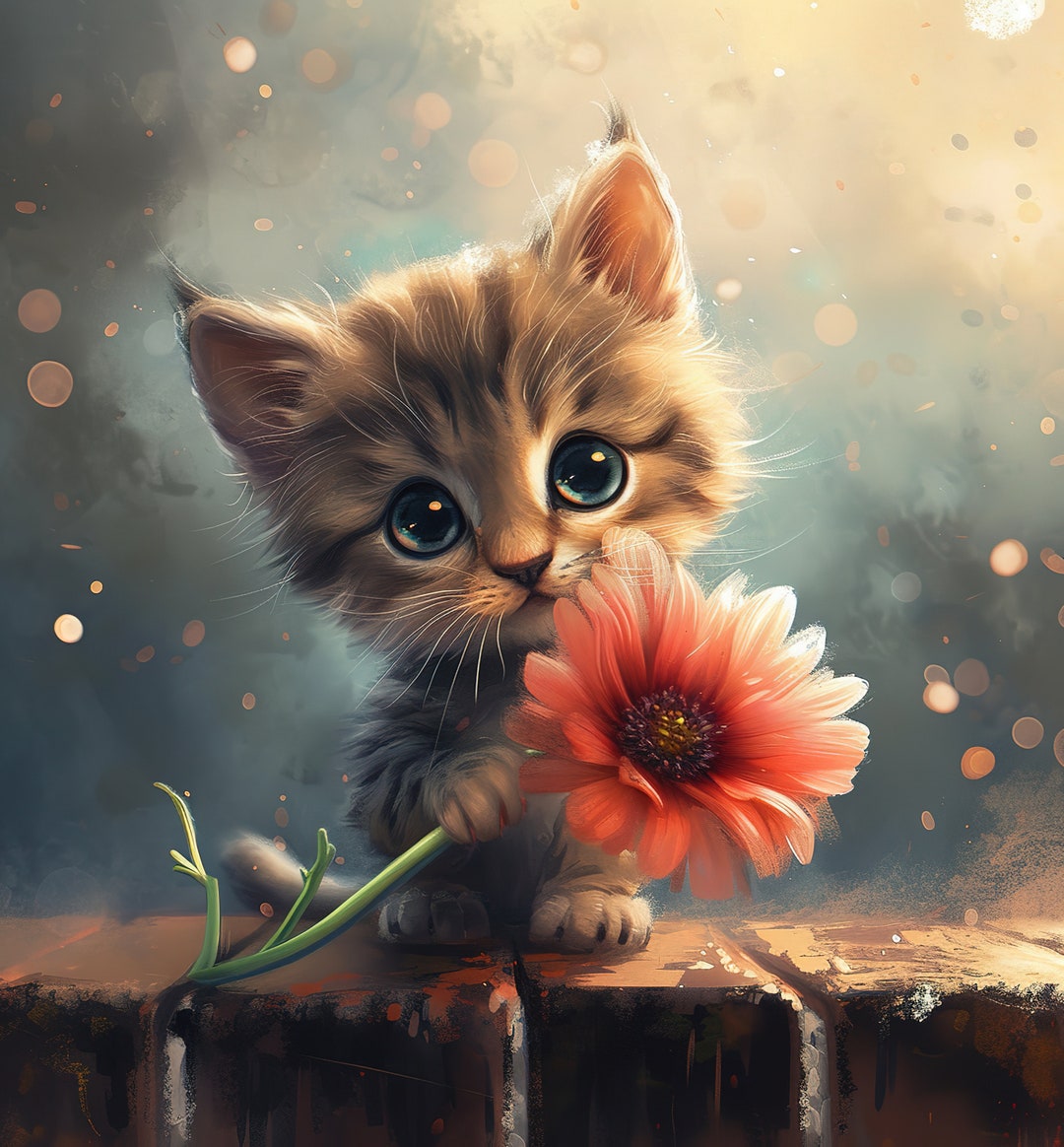 Cat With Flower, Red, Cute - Etsy