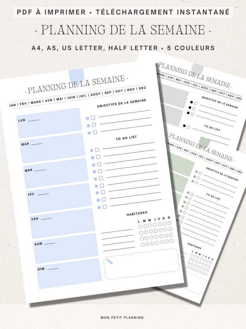 Planning hebdomadaire pour s'organiser au quotidien à imprimer avec ...