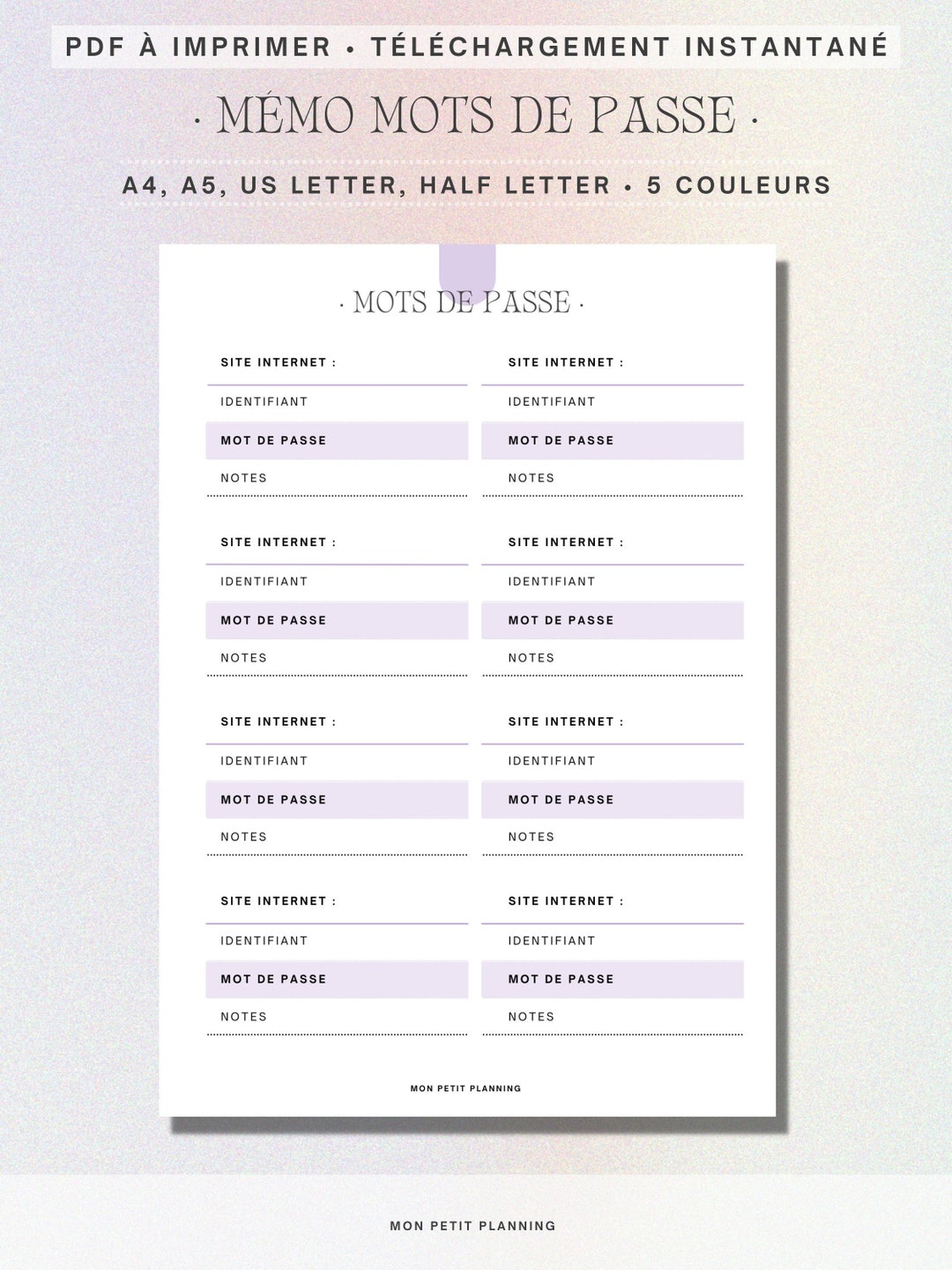 Mémo Mot de Passe à imprimer format inserts ou A4 ou A5, 5 coloris ...