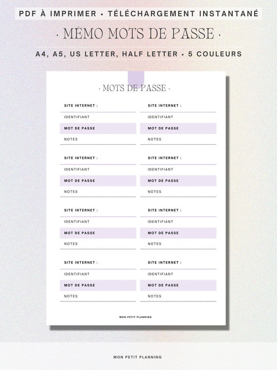 Mémo Mot de Passe à imprimer format inserts ou A4 ou A5 5 - Etsy France