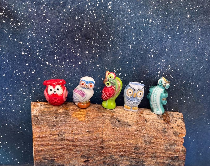 Tiny Colorful Owls Red Blue Aqua Green Porcelain Figurines French Feves ...