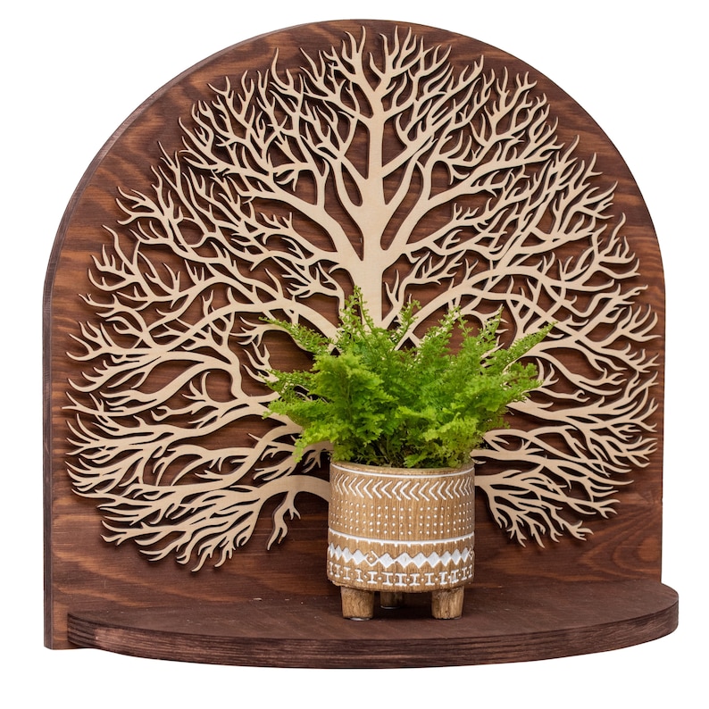 Wall, Wooden Plant Stand,hanging Shelf, TREE OF LIFE Planter, Wall Art ...