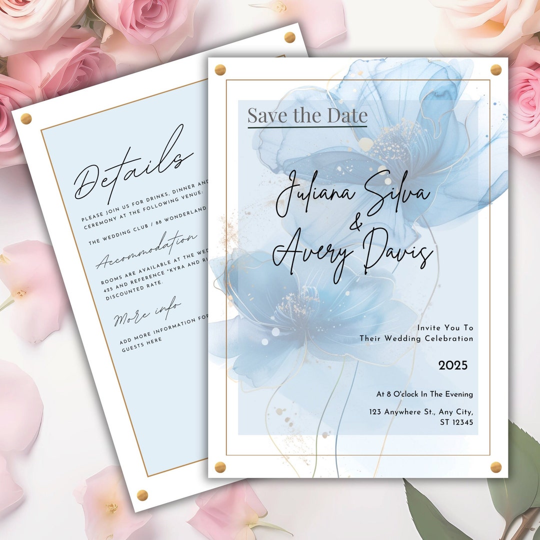 White and Blue Floral Simple Wedding Invitation and Details Card - Etsy