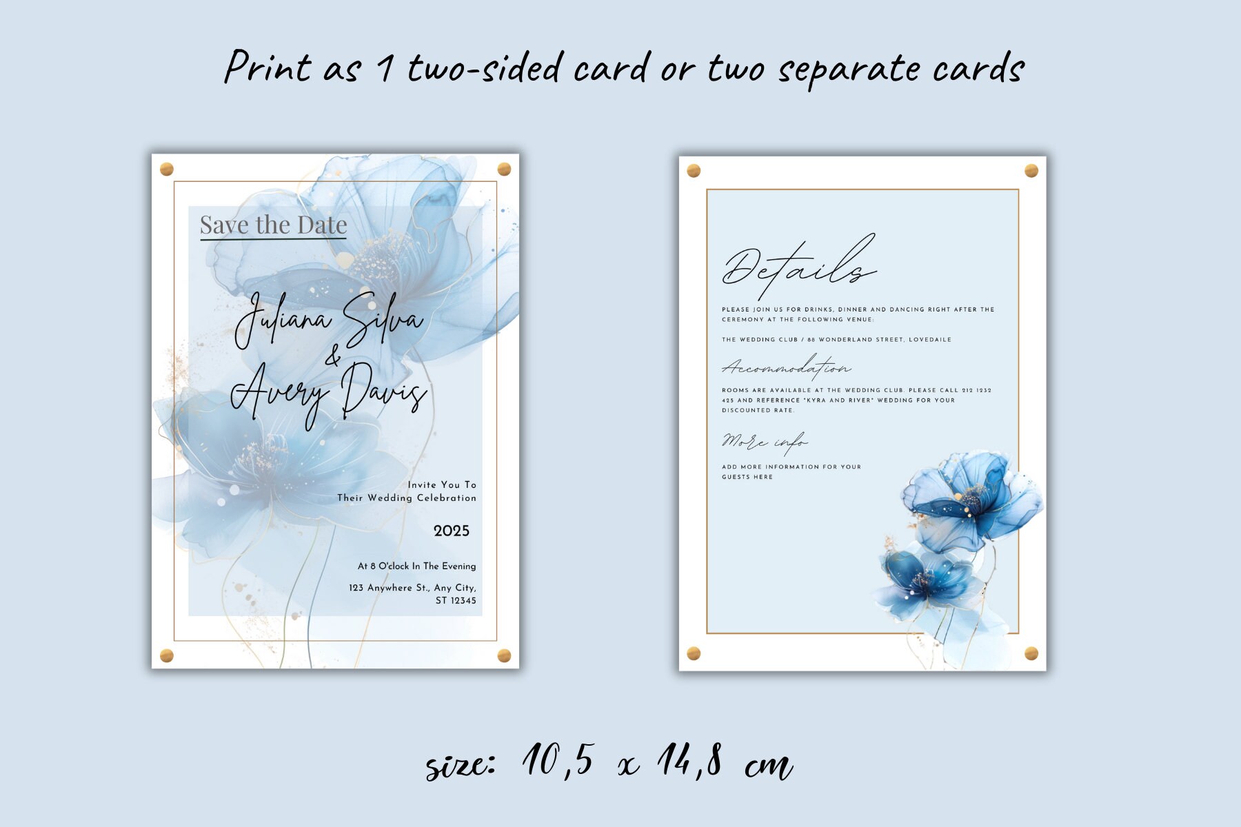 White and Blue Floral Simple Wedding Invitation and Details Card - Etsy