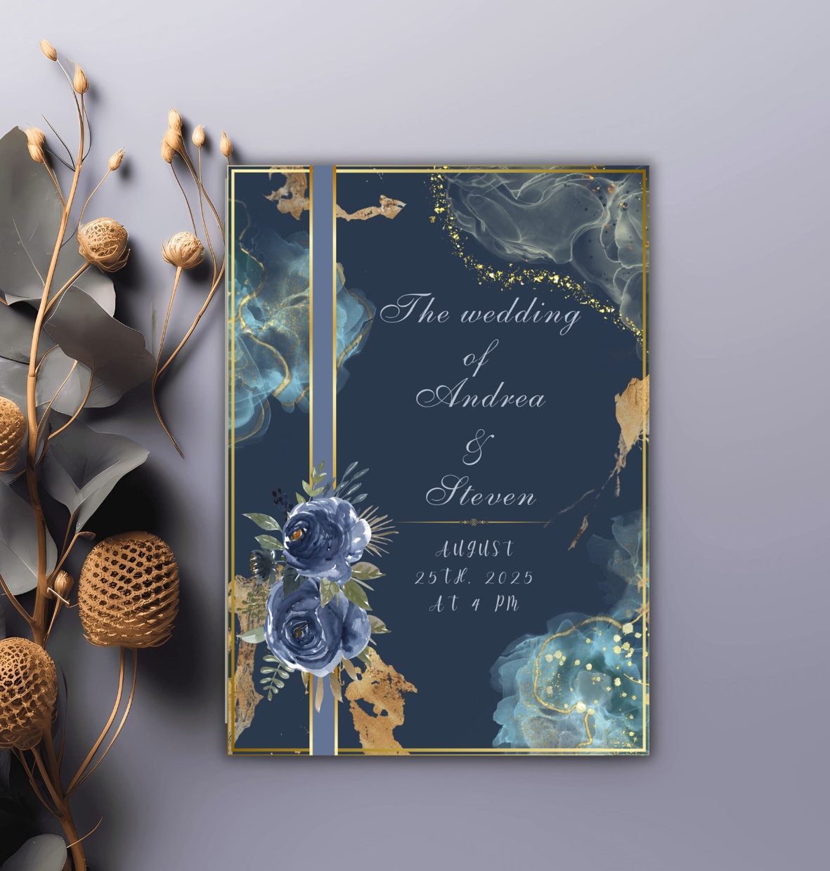 Royal Blue Gold Sparkle Wedding Invitation and Wedding Details Card ...