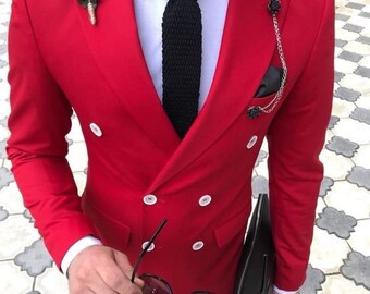 Men Red Suits 2 Piece Double Breasted Style Slim Fit Party Wear Dinner ...