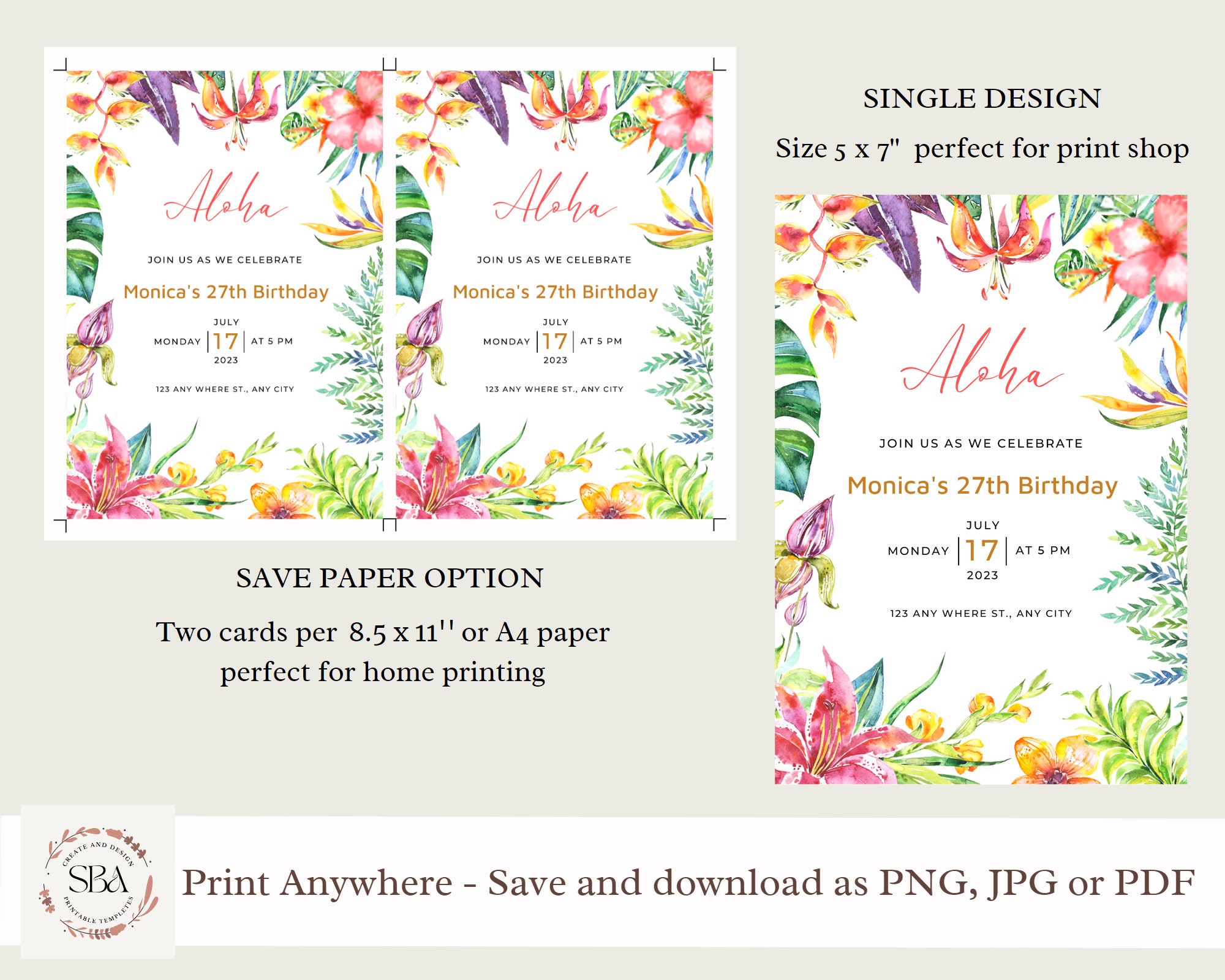Floral Tropical Birthday Invitation, Editable Luau Template (instant ...