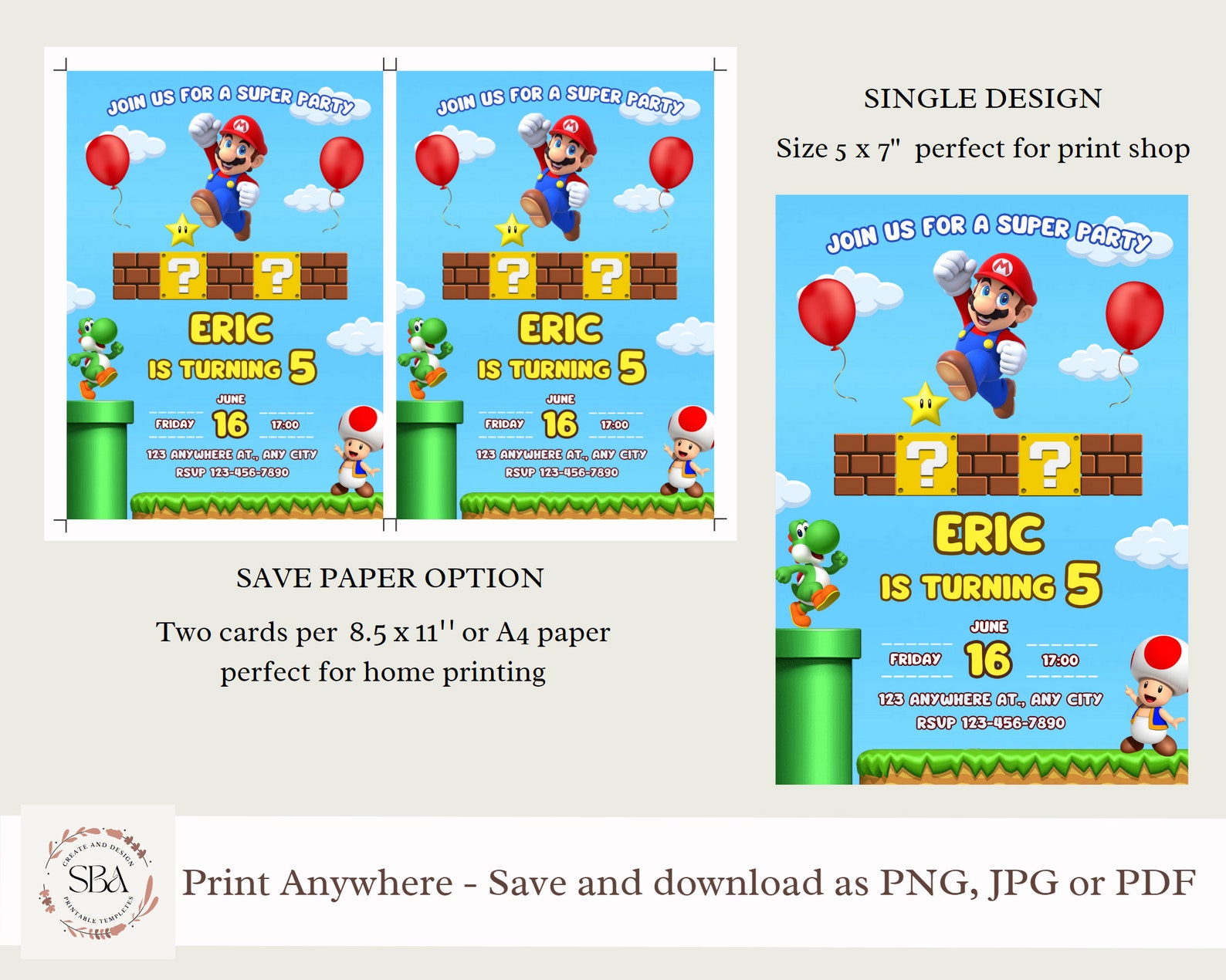 Super Mario Birthday Invitation, Mario Invitation, Printable Mario ...