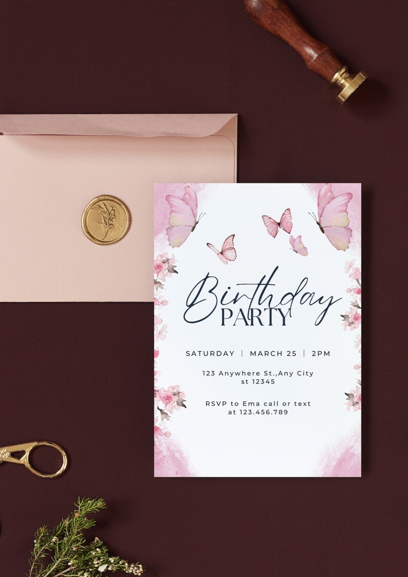 Butterfly Birthday Invitation, Pink Butterfly Invite, Butterfly ...
