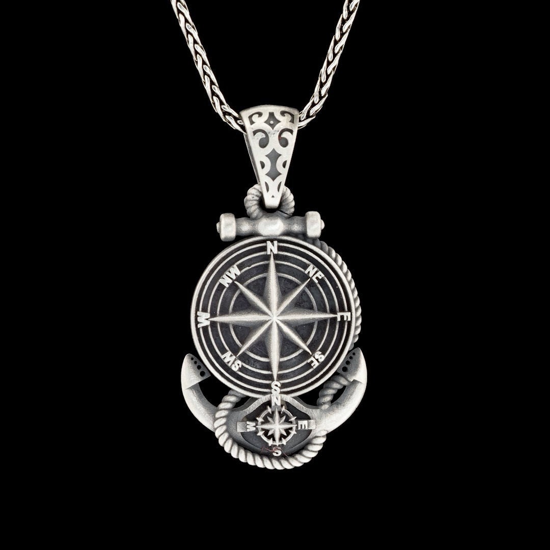 Silver Handmade Anchor Wrapped Compass Necklace With Rope Inside ...
