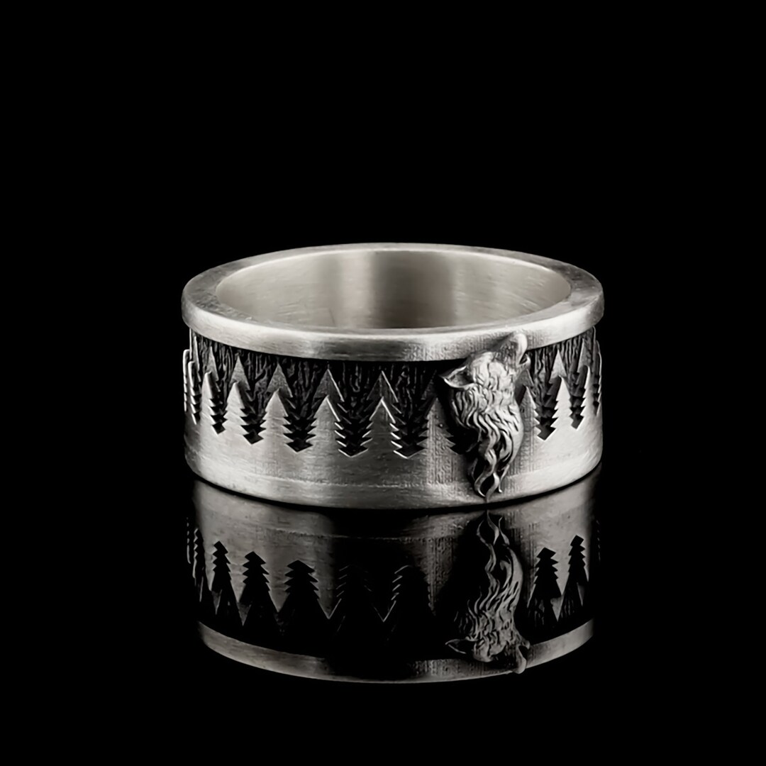 Handmade Silver Wolf Ring, Pine Tree Forest Rings, Wolf Wedding Ring ...