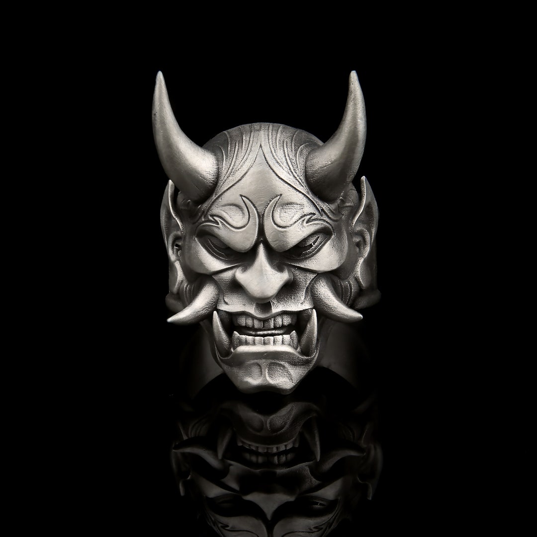 Japanese Folklore Icon Oni Mask Ring, Wild Head Two Horns Silver Oni ...