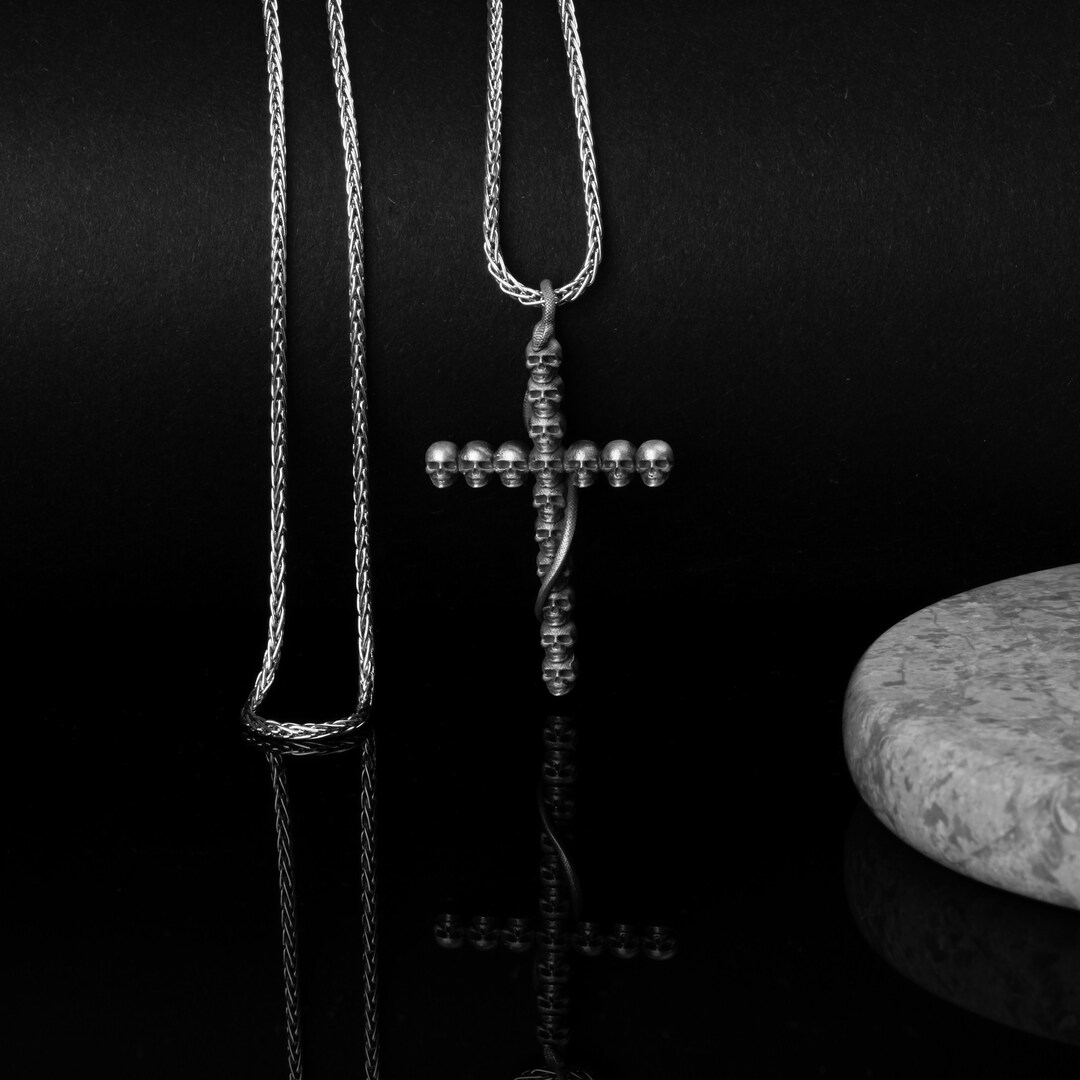 Skull and Snake Symbol Silver Cross Necklace, Biker Style Silver ...