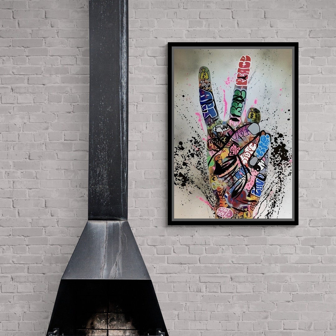 Banksy Graffiti Victory Sign Framed Canvas Art - Etsy