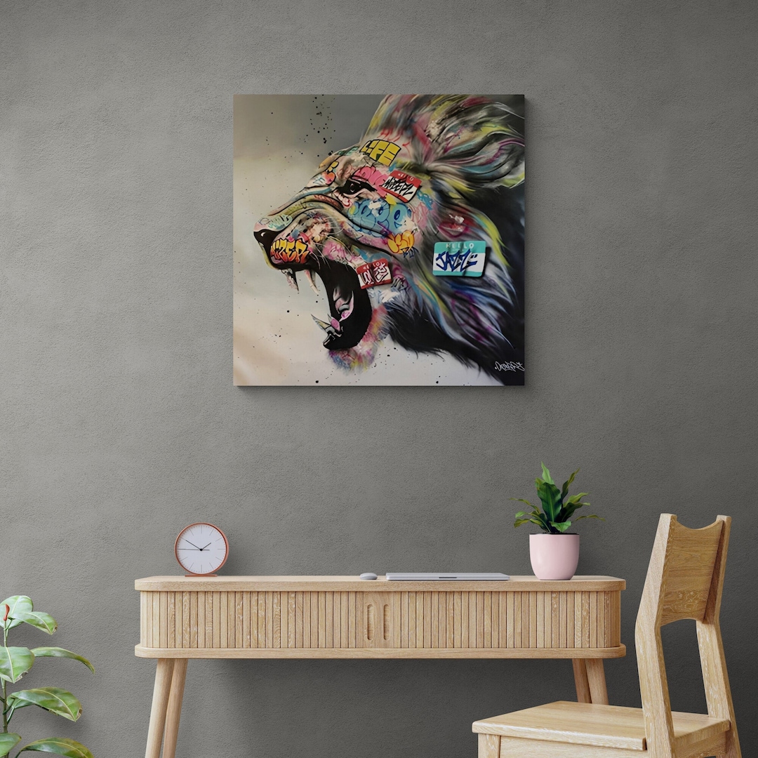 Banksy Graffiti Framed Canvas, Banksy Lion Wall Art, Wild Animal Canvas ...