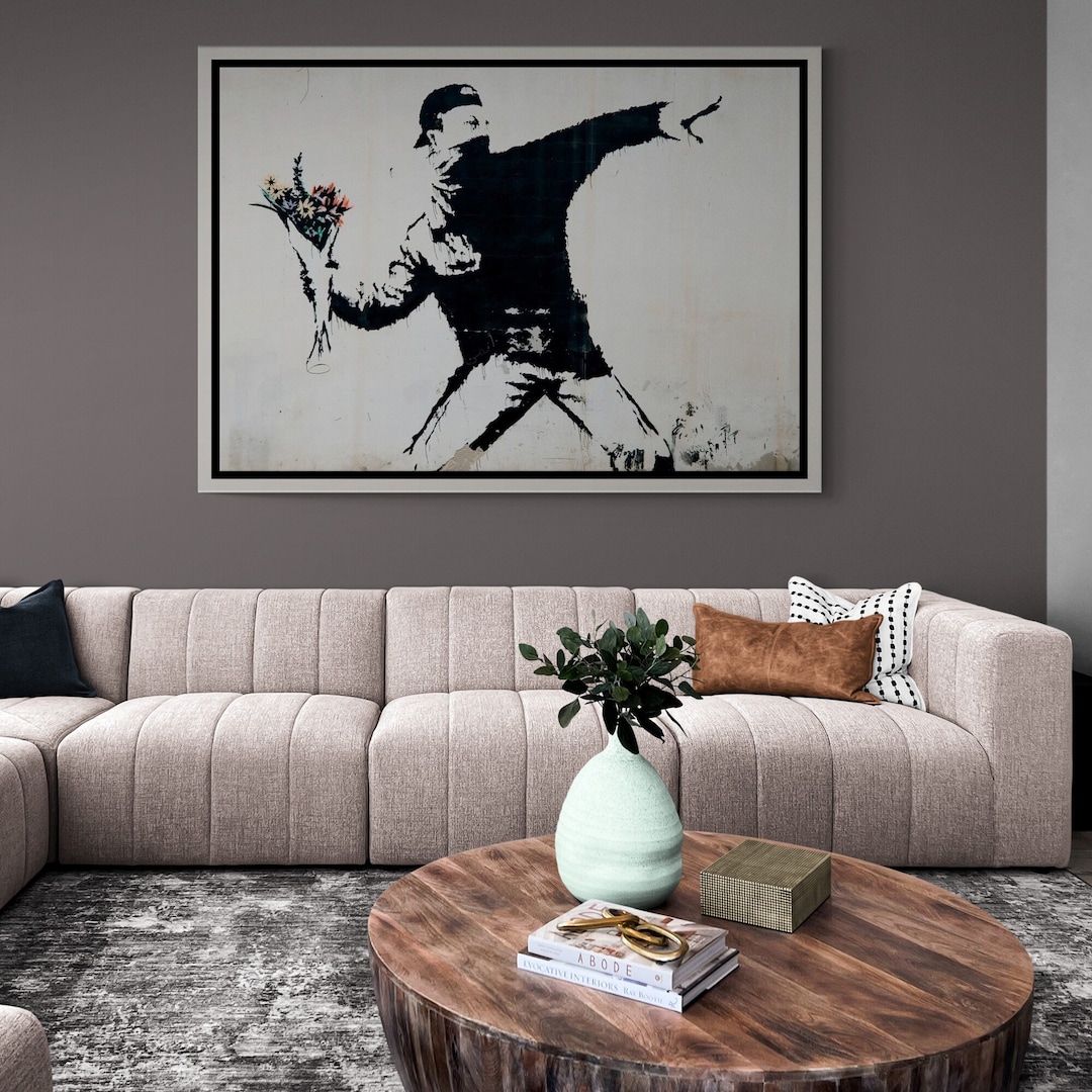 Banksy Flower Framed Canvas, Banksy Wall Art, Throwing Flowers Canvas ...