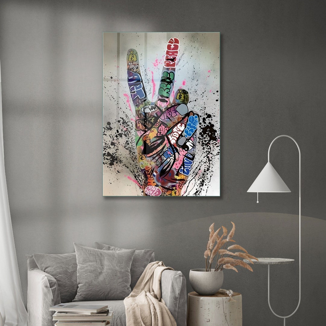 Tempered Glass Wall Art, Graffiti Victory Sign Wall Art, Glass Wall Art ...