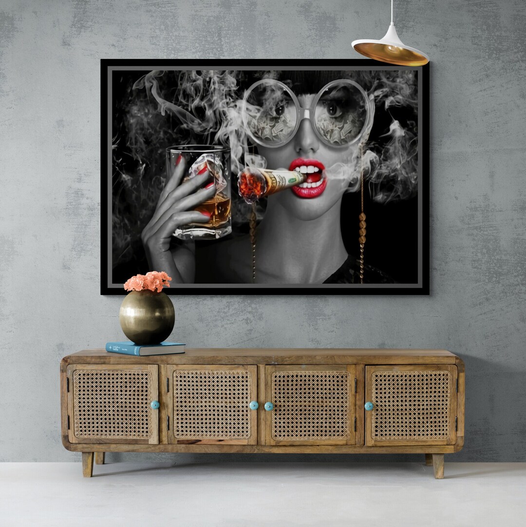 Woman Smoking Dollars Wall Art, Drinking Woman Canvas, Cool Woman ...