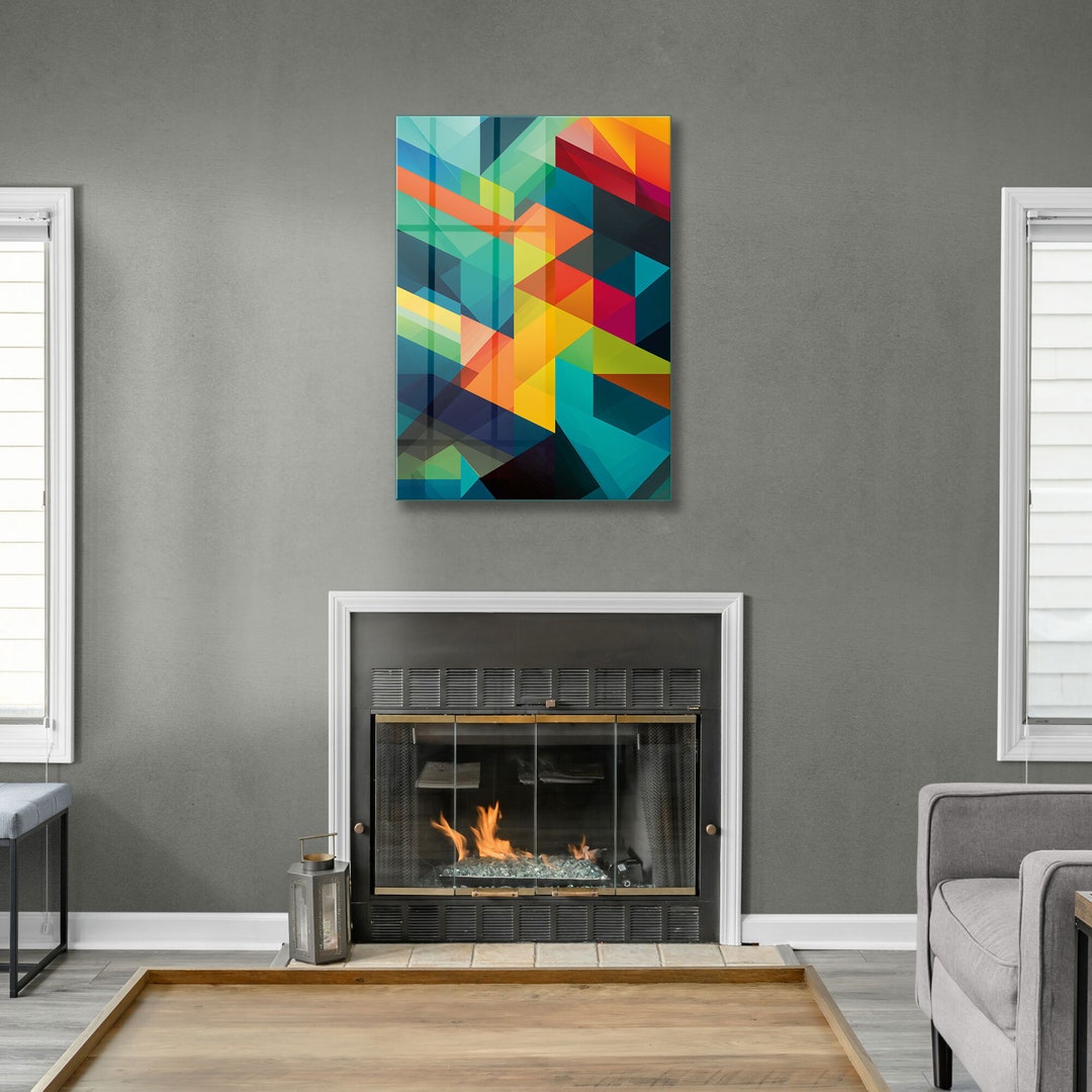 Glass Wall Art, Colorful Geometric Lines Wall Art, Tempered Glass Wall ...