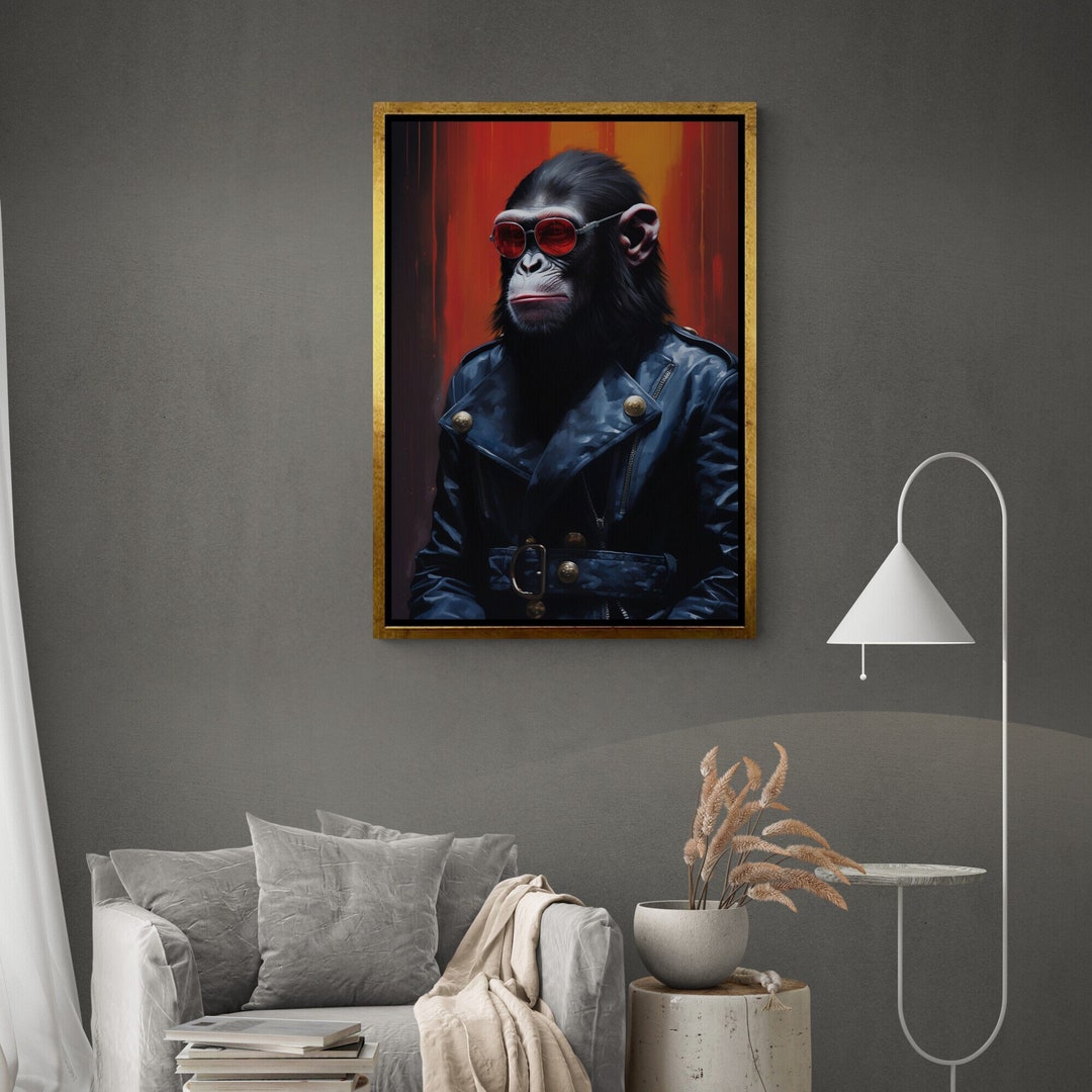 Surreal Monkey Canvas, Animal Wall Art, Leather Jacket Monkey, Gorilla ...