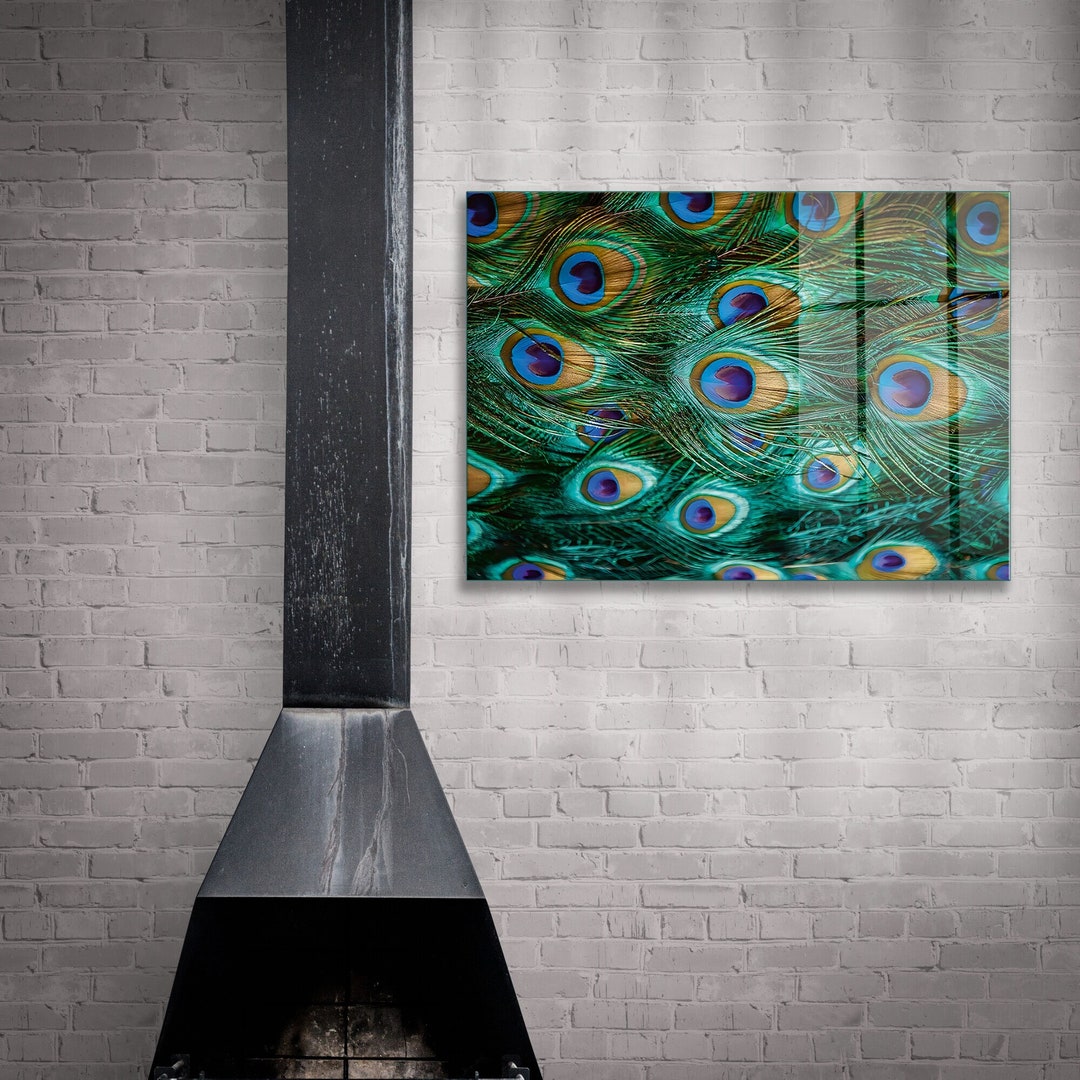 Glass Wall Art, Peacock Feather Wall Art, Tempered Glass Wall Art, Wall ...