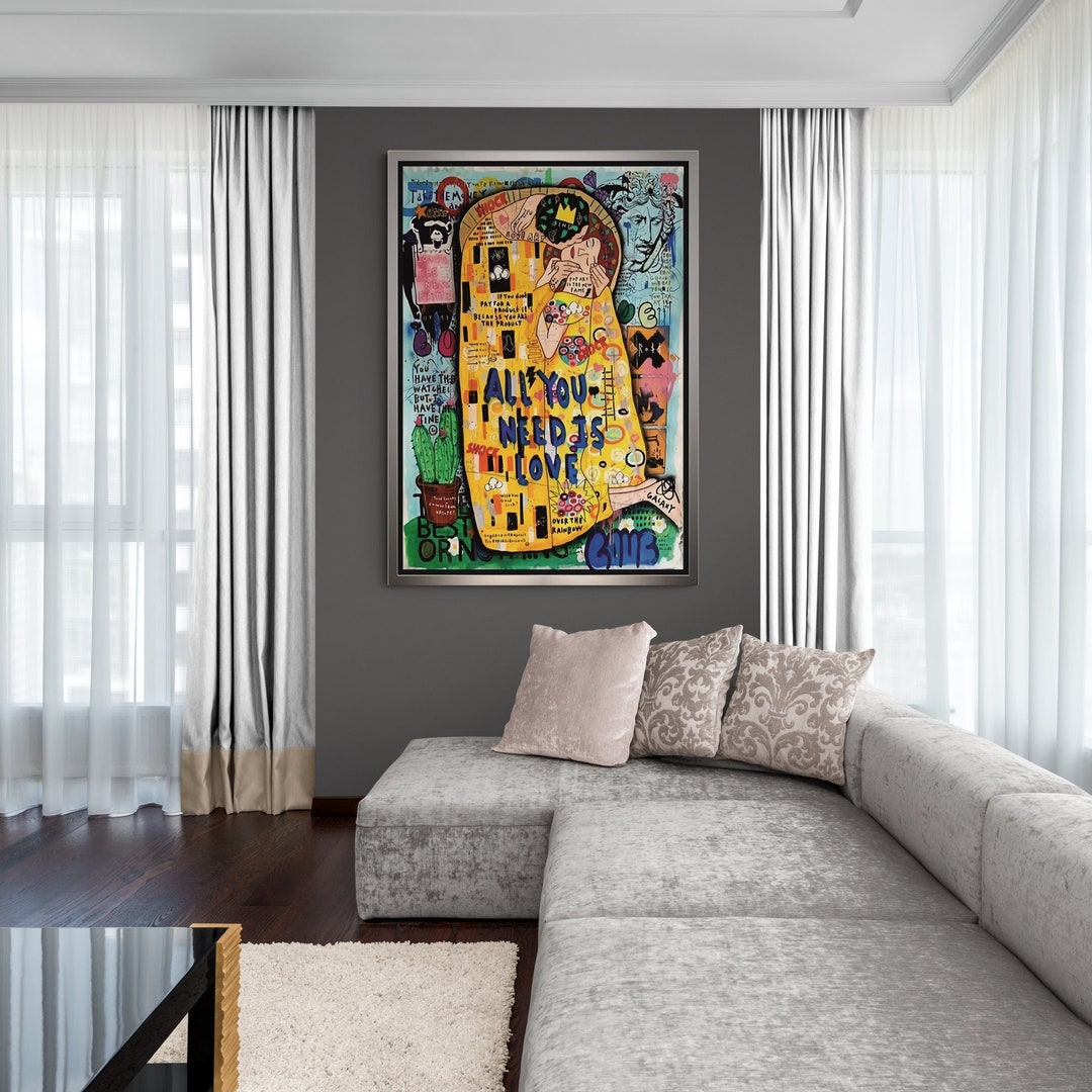 BANKSY the Kiss Graffiti Wall Art, Gustav Klimt the Kiss Framed Canvas ...