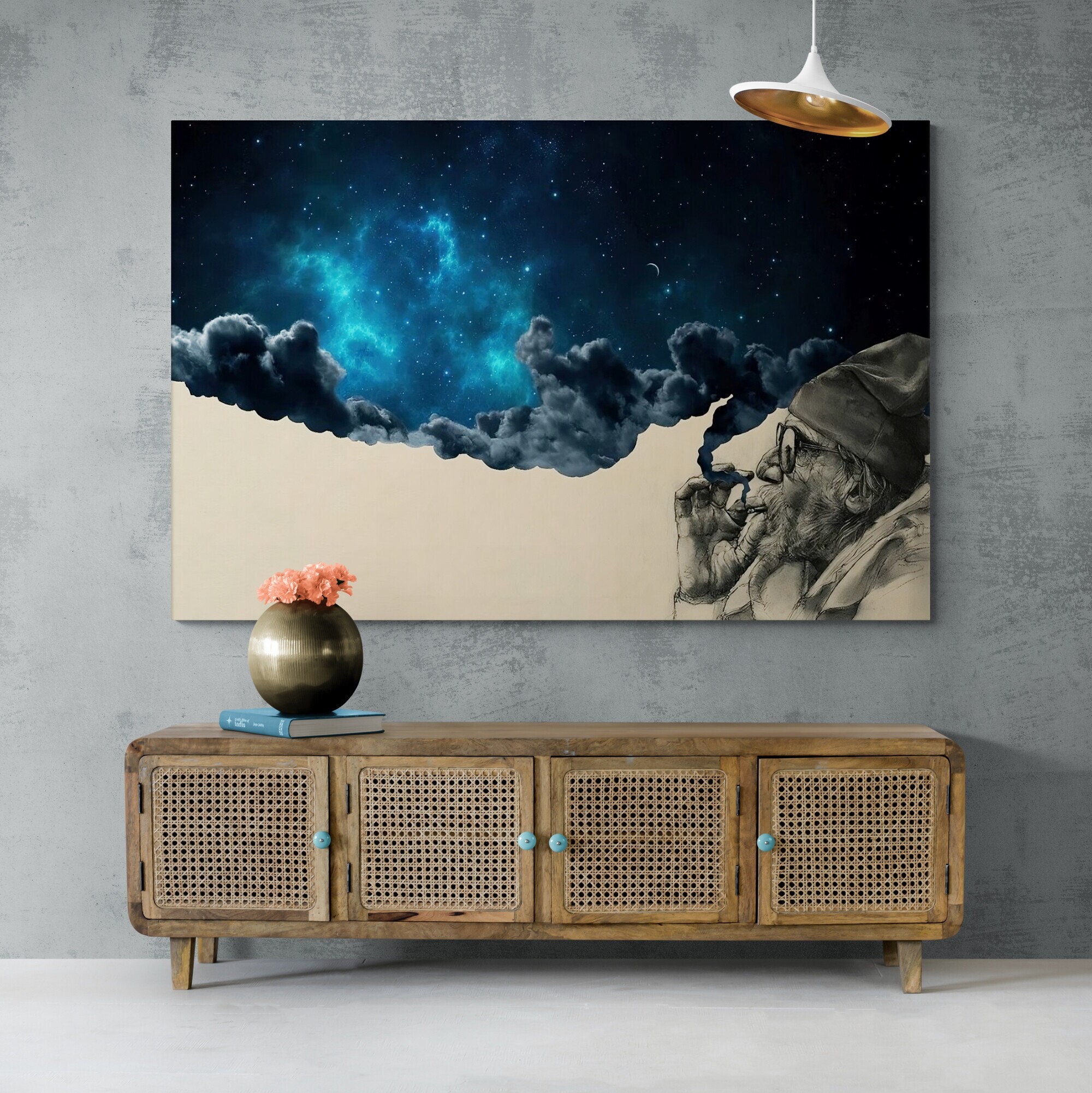 Smoking Out in Space Wall Art, Smoking Framed Canvas, Surrealism Canvas ...