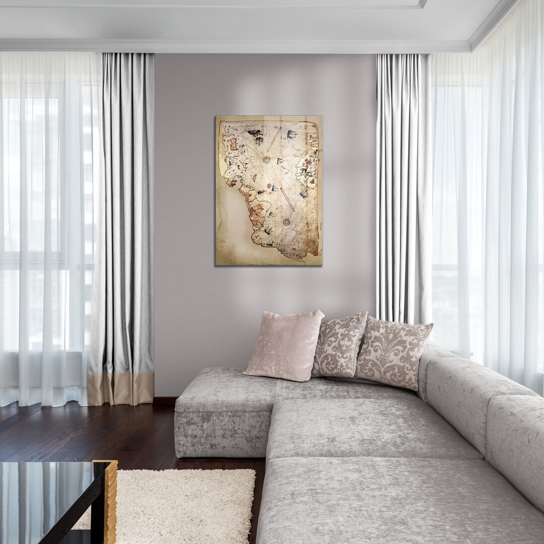 Tempered Glass Wall Art, Piri Reis Map Wall Art, Glass Art, Wall ...