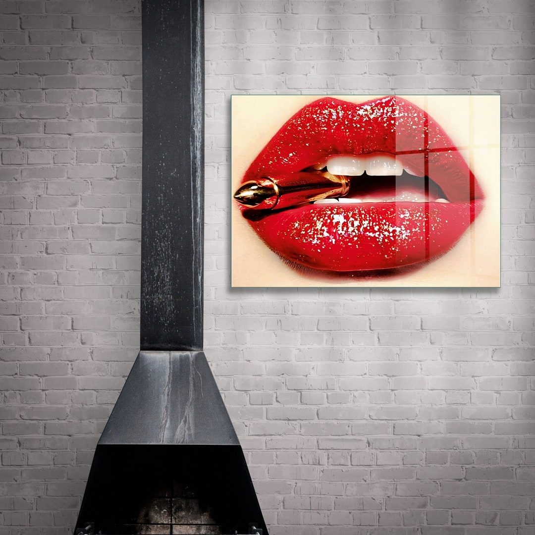 Glass Wall Art, Red Lip and Bullet Wall Art, Tempered Glass Art, Wall ...